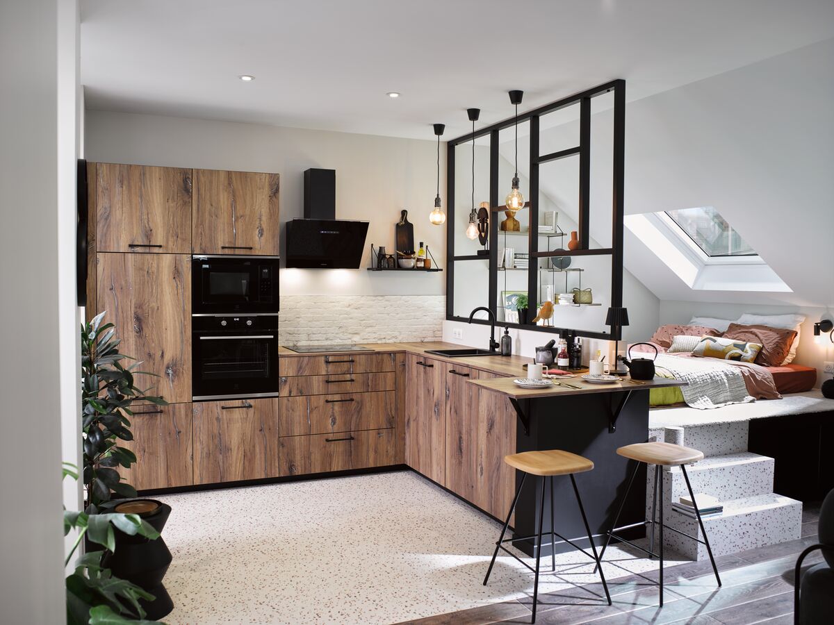 Cuisine acier et bois chêne, tendance et chaleureuse | Cuisinella